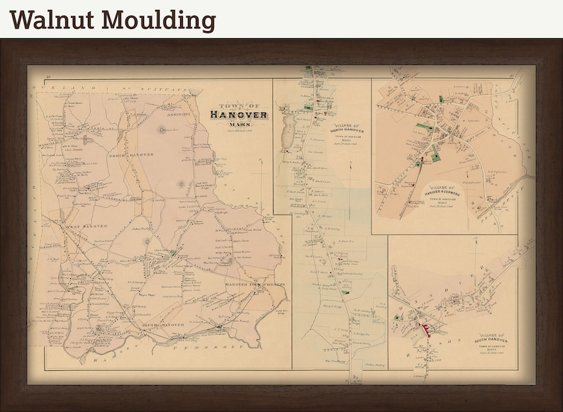 Town of HANOVER and VILLAGES Massachusetts 1879 Map Replica - Etsy