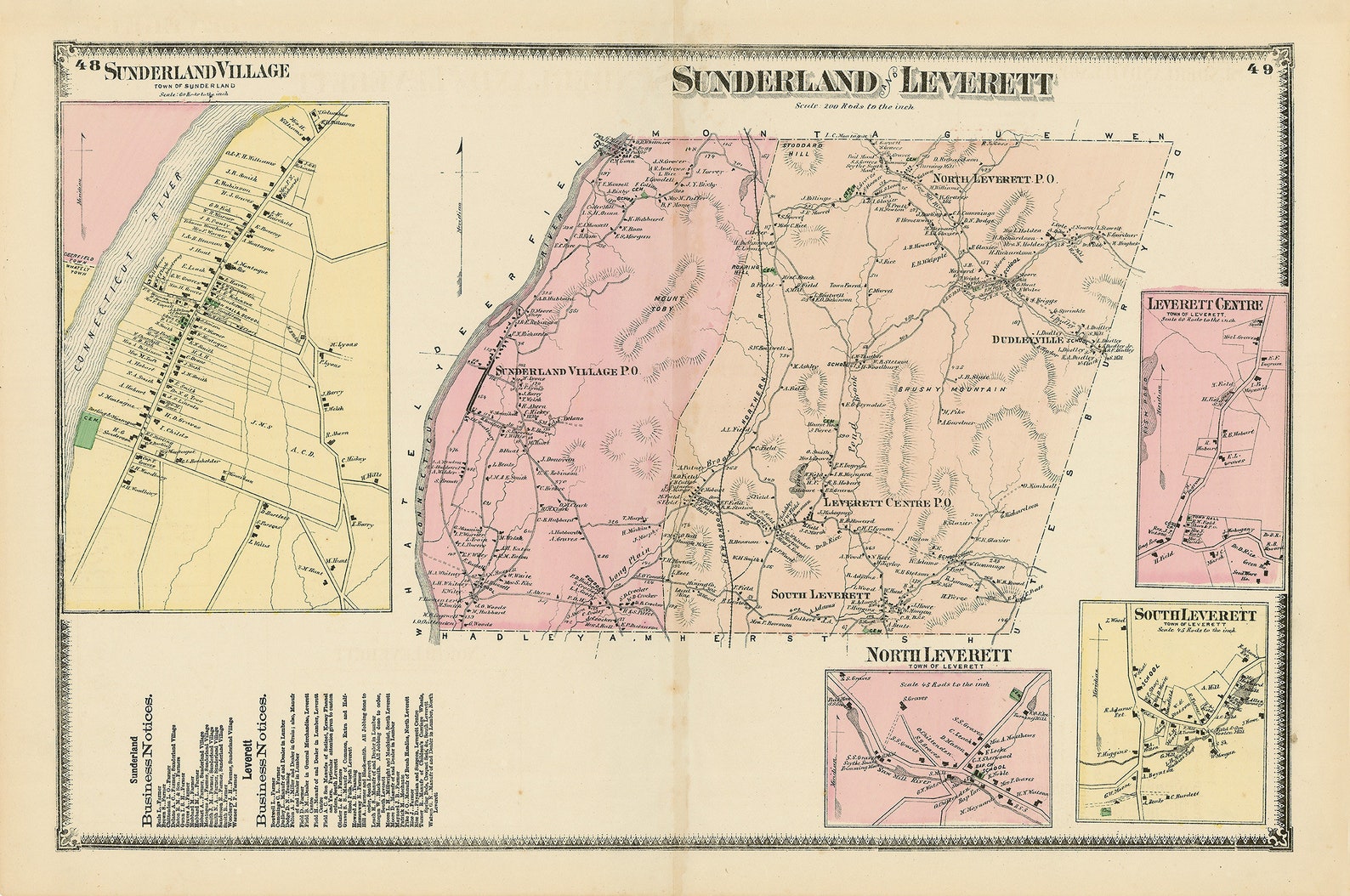 Towns of SUNDERLAND and LEVERETT Massachusetts 1871 Map - Etsy