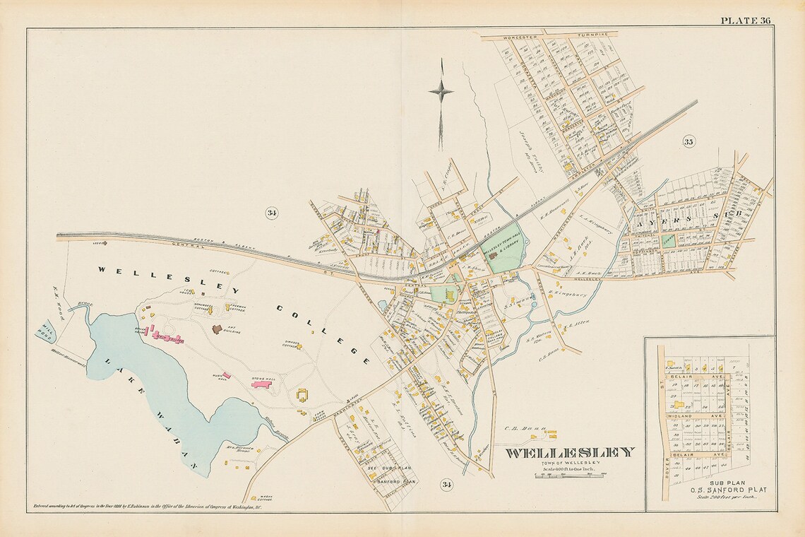 WELLESLEY COLLEGE Wellesley Massachusetts 1888 Map - Etsy