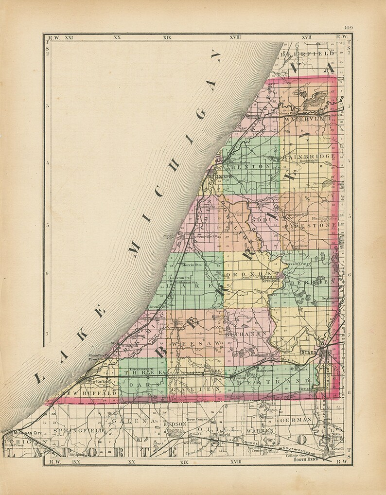 BERRIEN COUNTY Michigan 1873 Map Replica or Genuine - Etsy