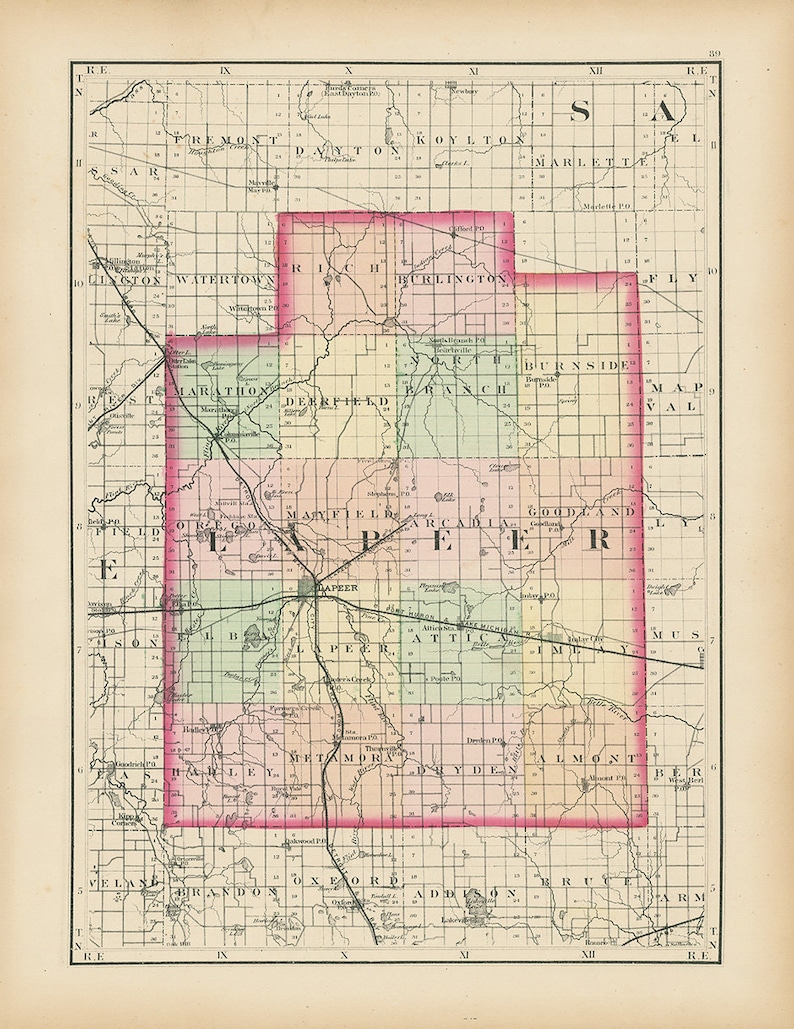 LAPEER COUNTY Michigan 1873 Map Replica or Genuine Original - Etsy