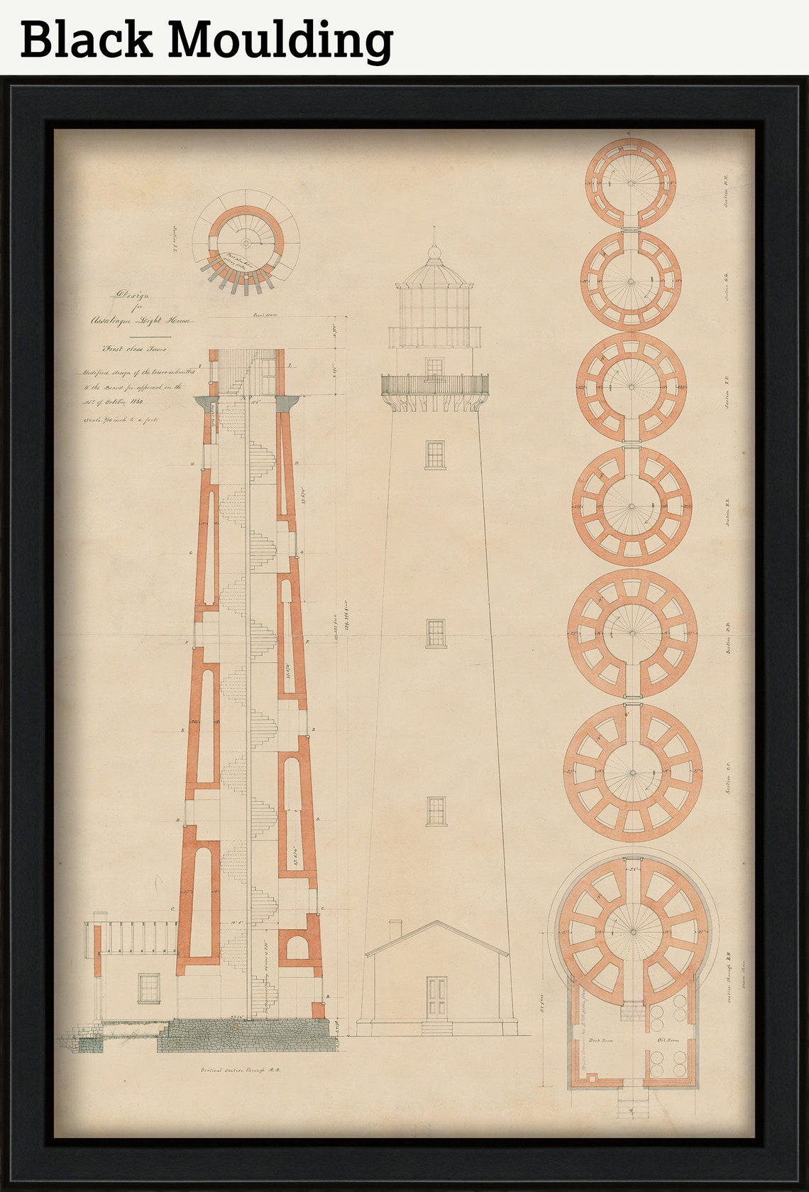 Assateague Lighthouse Virginia Architectural Drawing 1860 | Etsy