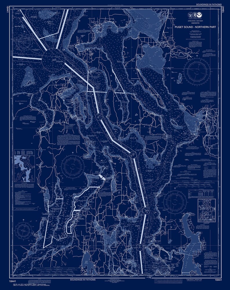 SEATTLE and PUGET SOUND, Washington - Blueprint Nautical Chart ...