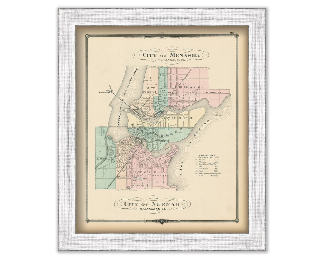 MENASHA and NEENAH, Wisconsin 1878 Map, Replica or Genuine Original - Etsy