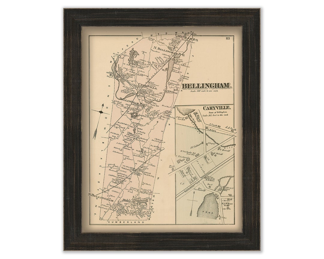 Town of BELLINGHAM, Massachusetts 1876 Map - Replica or GENUINE ...