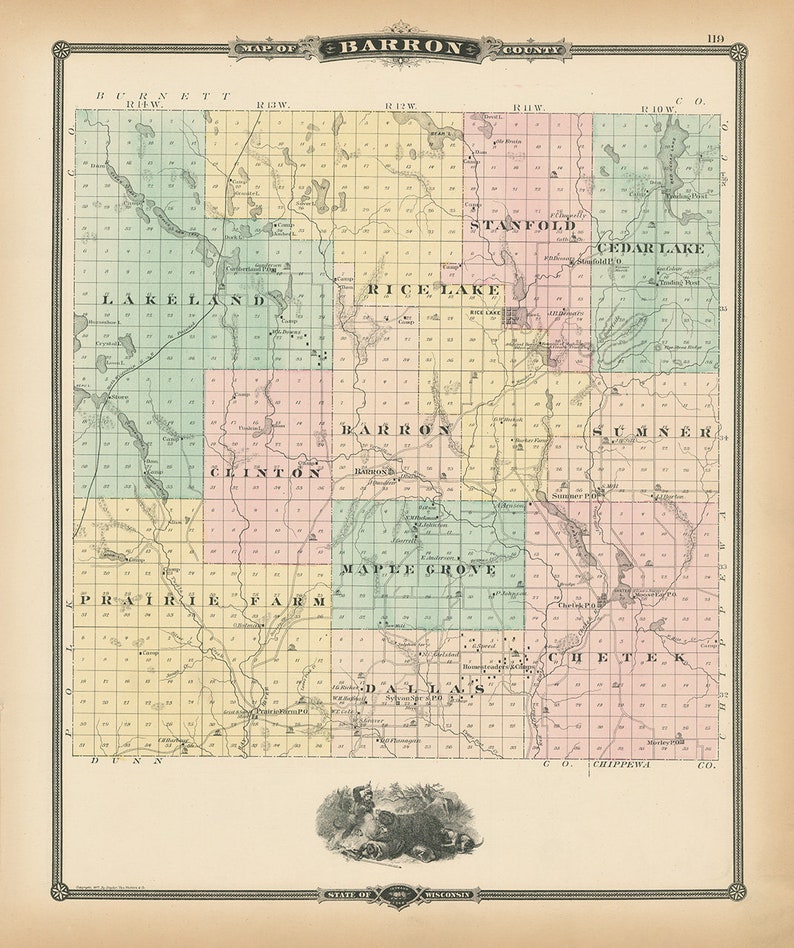 BARRON COUNTY Wisconsin 1878 Map Replica or Genuine Original | Etsy