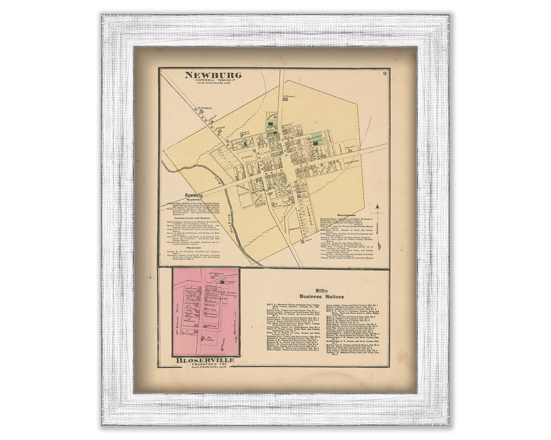 NEWBURG and BLOSERVILLE, Pennsylvania 1872 Map Replica or Genuine ...