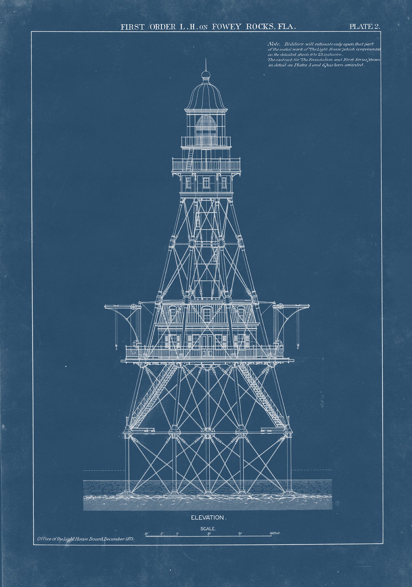 FOWEY ROCK LIGHTHOUSE, Miami, Florida - Blueprint Drawing and Plan of ...