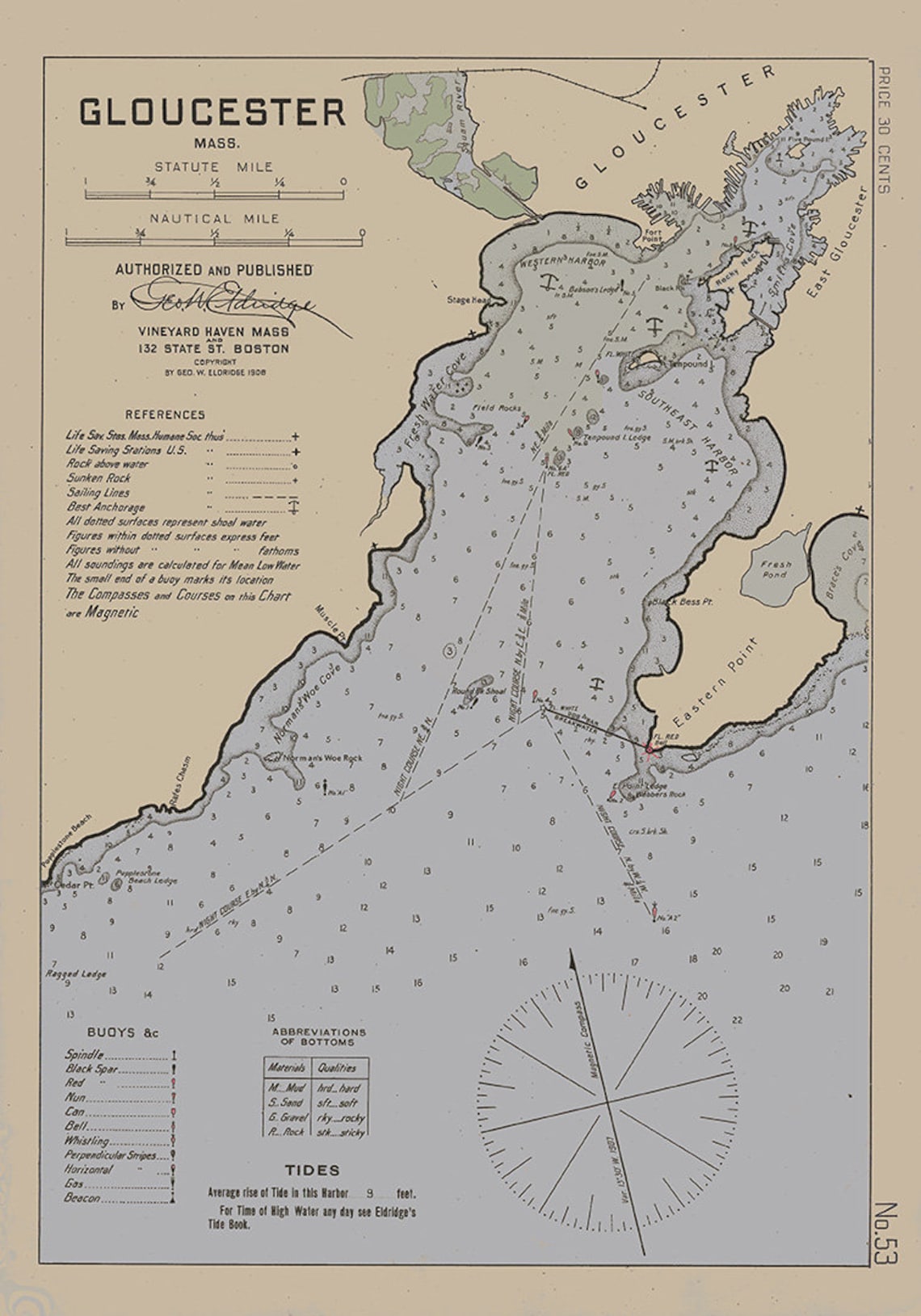 GLOUCESTER HARBOR Massachusetts 1909 Nautical Chart by - Etsy