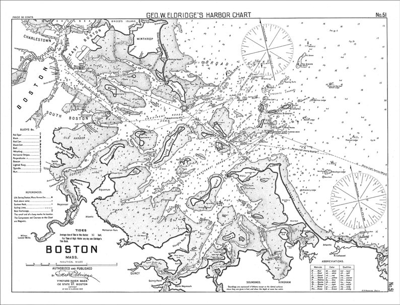 Boston Harbor Massachusetts Black White Nautical Chart | Etsy