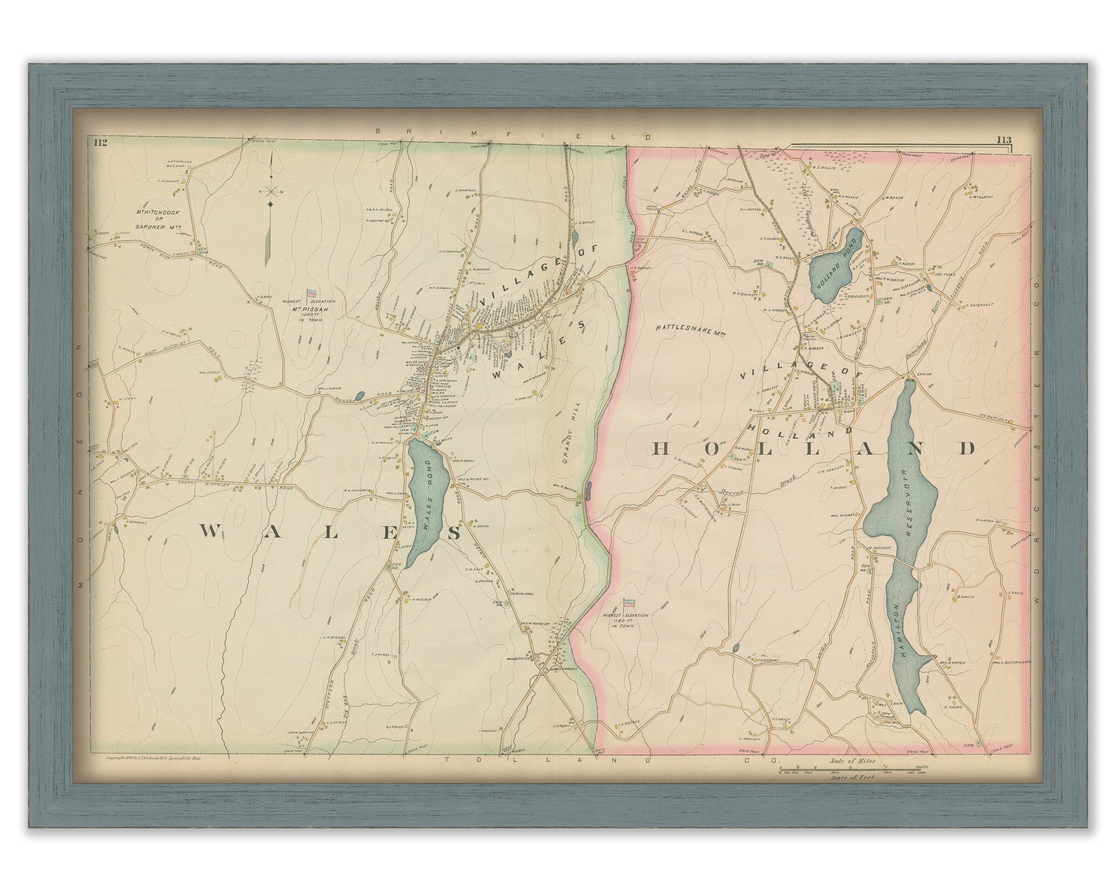 Towns of WALES and HOLLAND Massachusetts 1894 Map Replica - Etsy