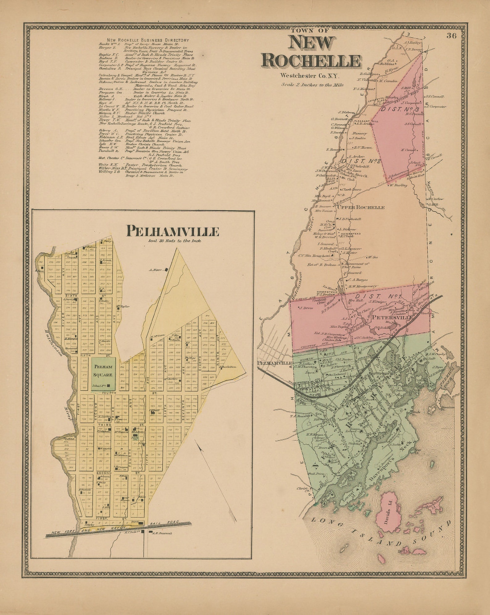 Town of NEW ROCHELLE, New York 1868 Map - Etsy