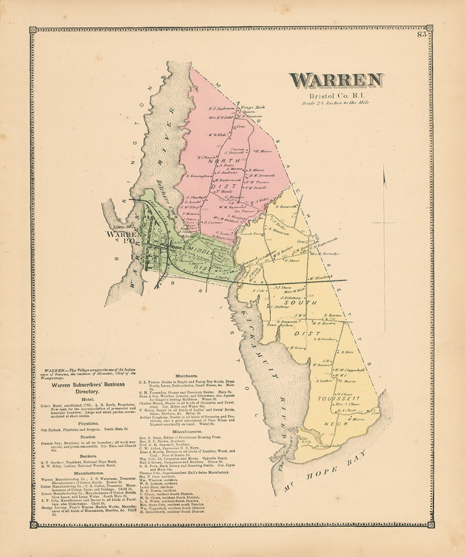 Town of WARREN Rhode Island 1870 Map - Etsy