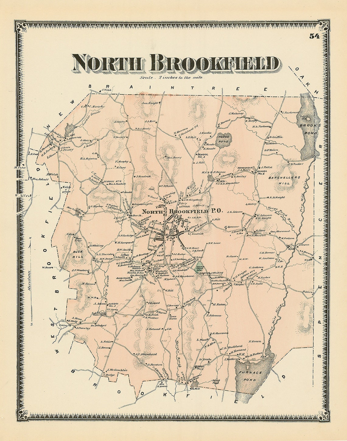 Town of NORTH BROOKFIELD, Massachusetts 1870 Map - Etsy