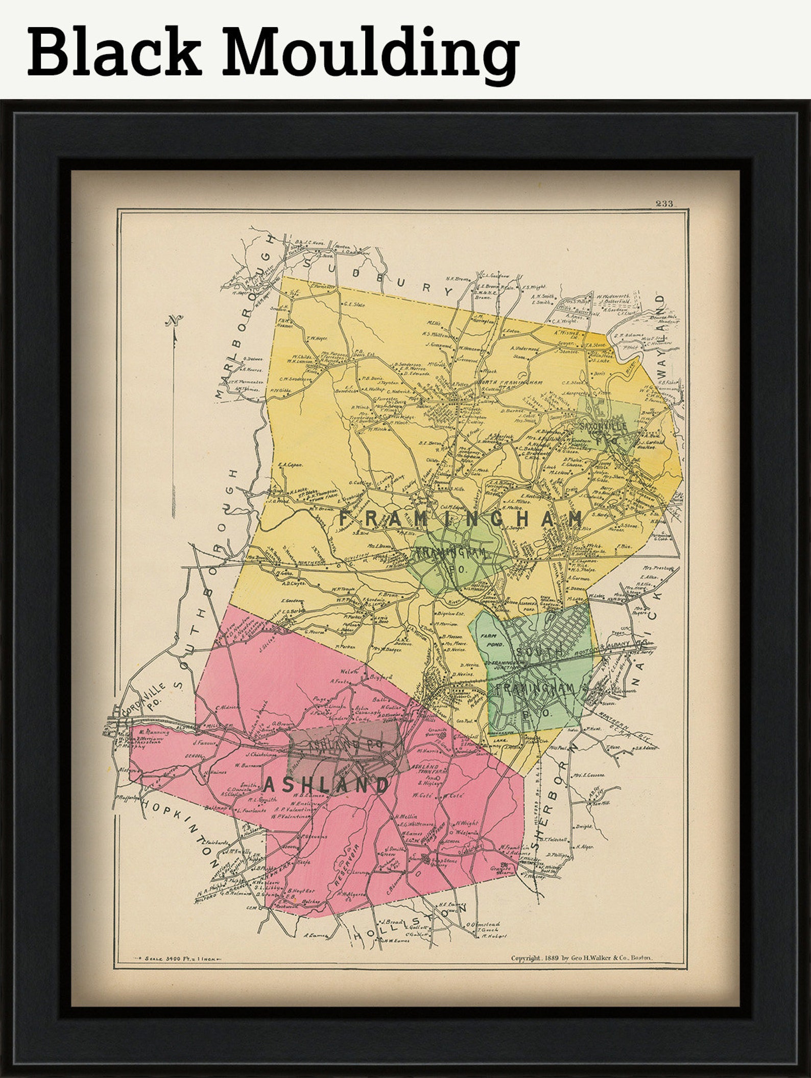 FRAMINGHAM and ASHLAND, Massachusetts 1889 Map - Replica or Genuine ...
