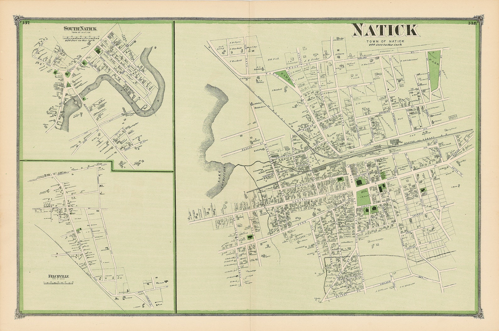 Village of NATICK Massachusetts 1875 Map Replica or Genuine | Etsy