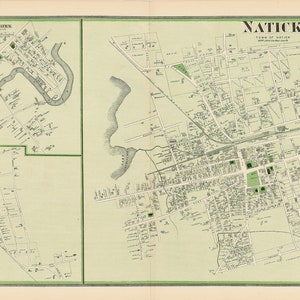 Village of NATICK, Massachusetts 1875 Map - Replica or Genuine ORIGINAL ...