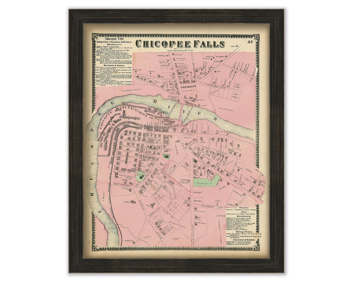 CHICOPEE FALLS, Massachusetts 1870 Map - Replica or Genuine ORIGINAL - Etsy
