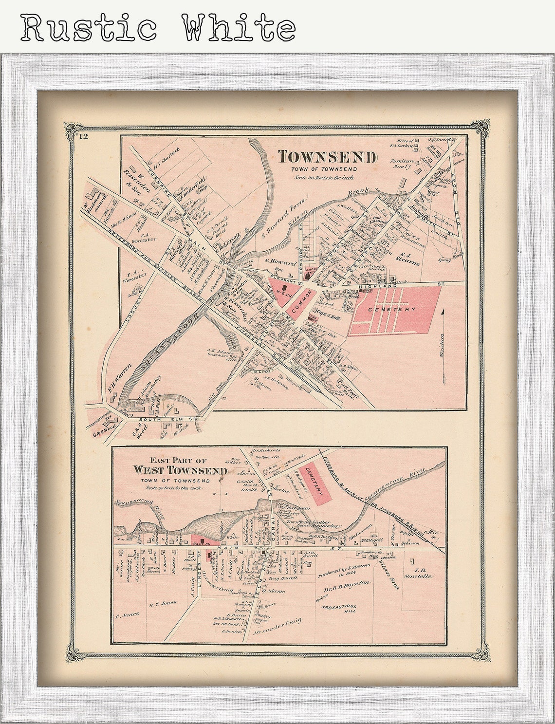TOWNSEND VILLAGE Massachusetts 1875 Map Replica or Genuine | Etsy