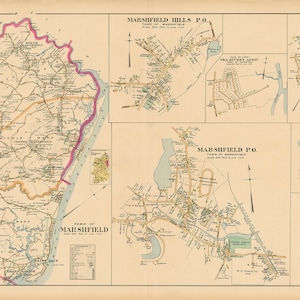 MARSHFIELD Town & Villages, Massachusetts 1903 Map Colored Reproduction ...
