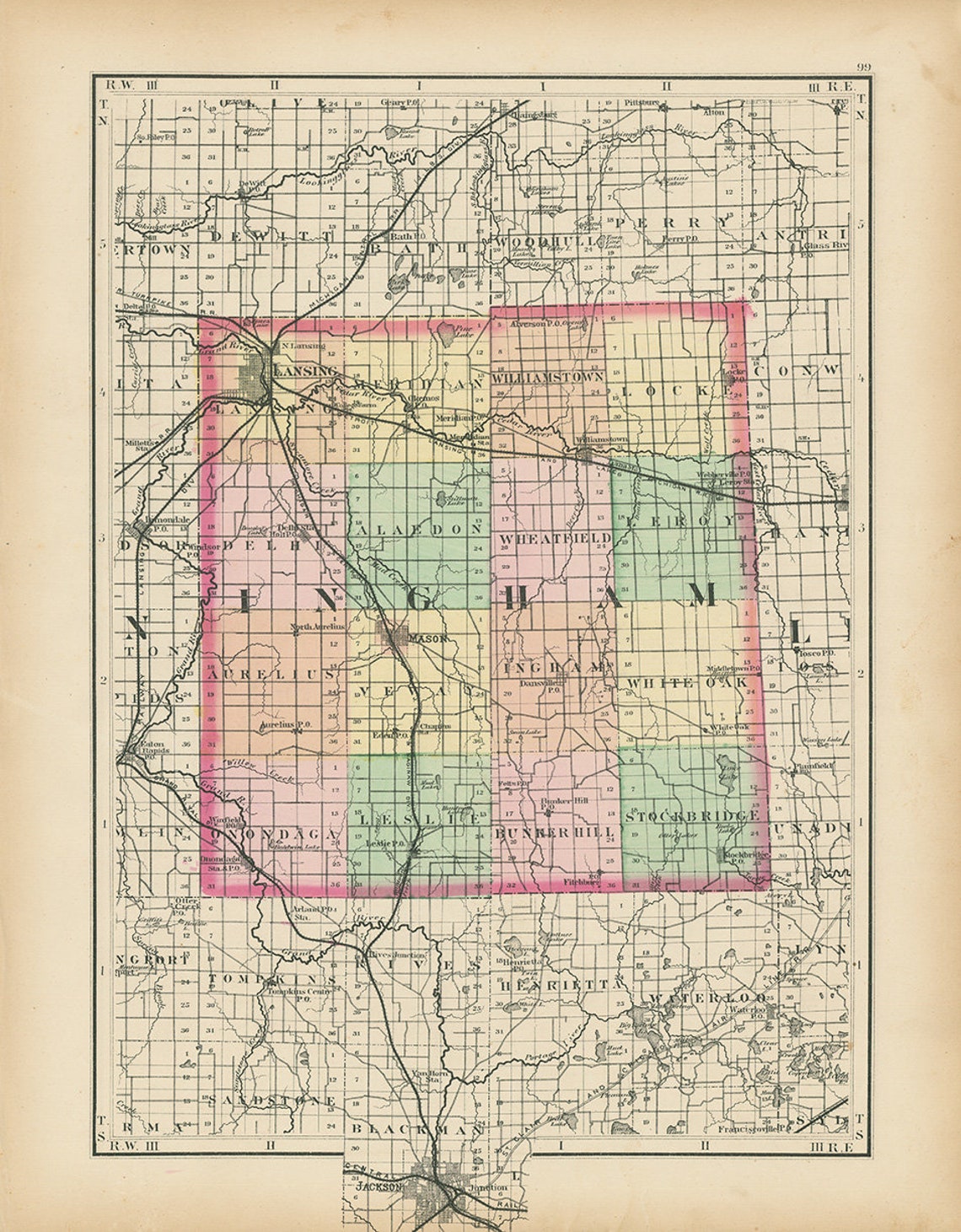 INGHAM COUNTY Michigan 1873 Map Replica or Genuine Original | Etsy