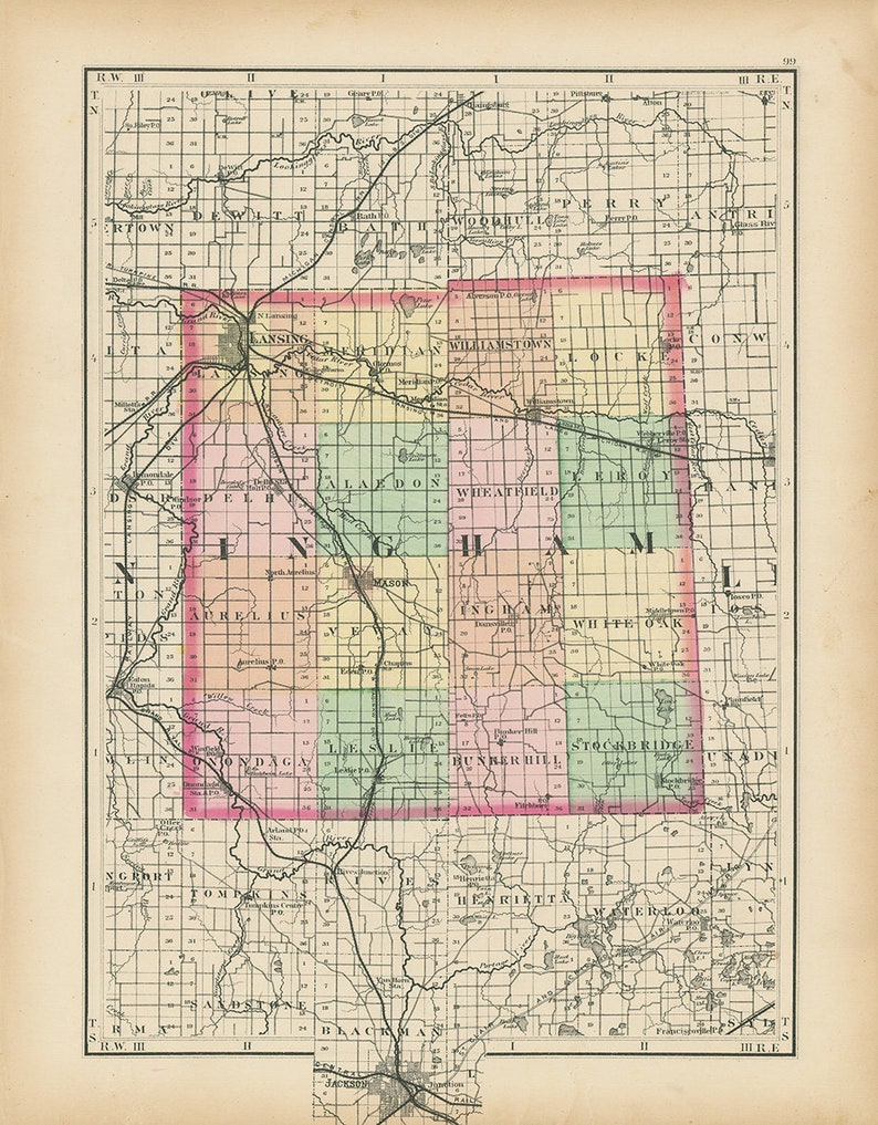 INGHAM COUNTY Michigan 1873 Map Replica or Genuine Original - Etsy