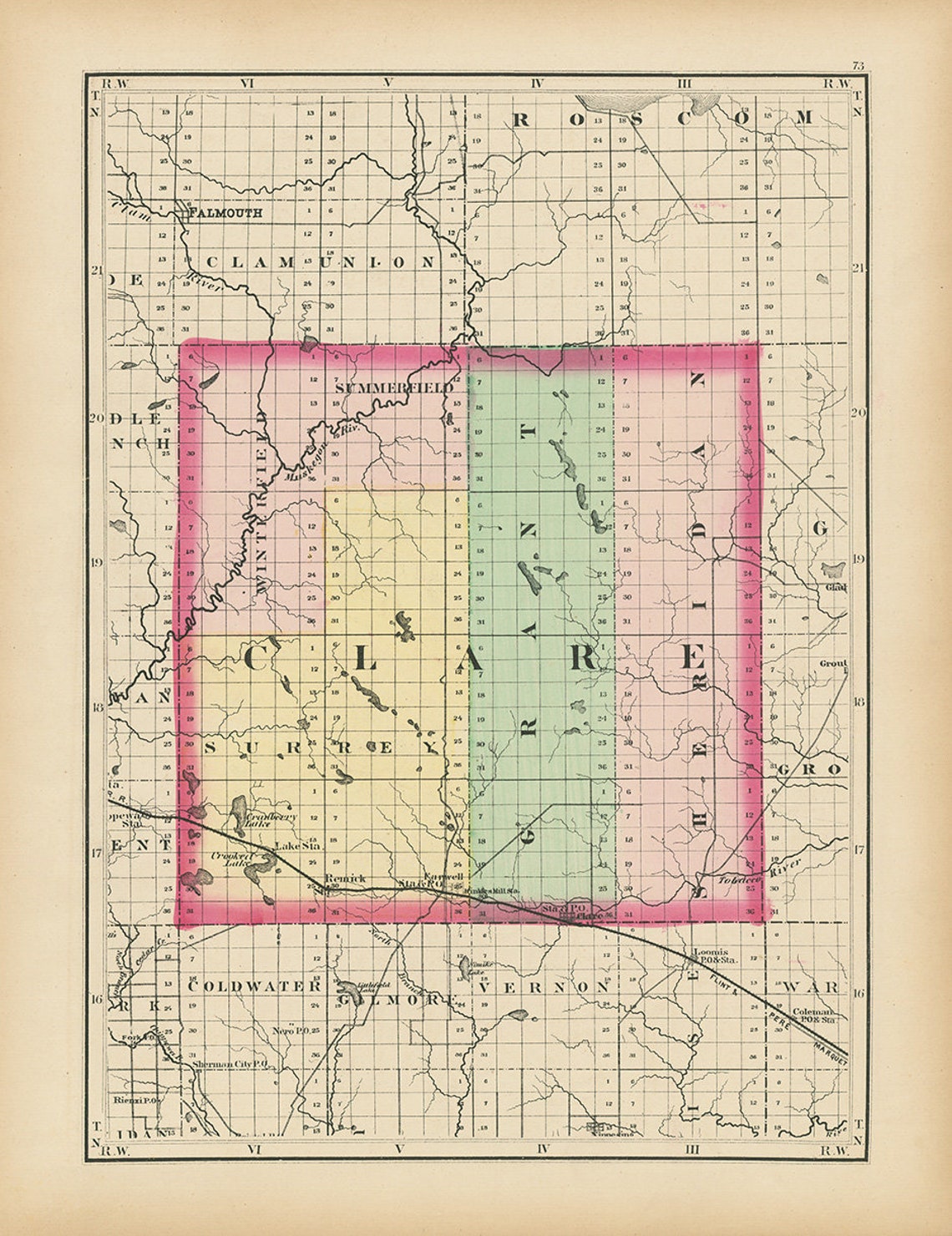 CLARE COUNTY Michigan 1873 Map Replica or Genuine Original | Etsy