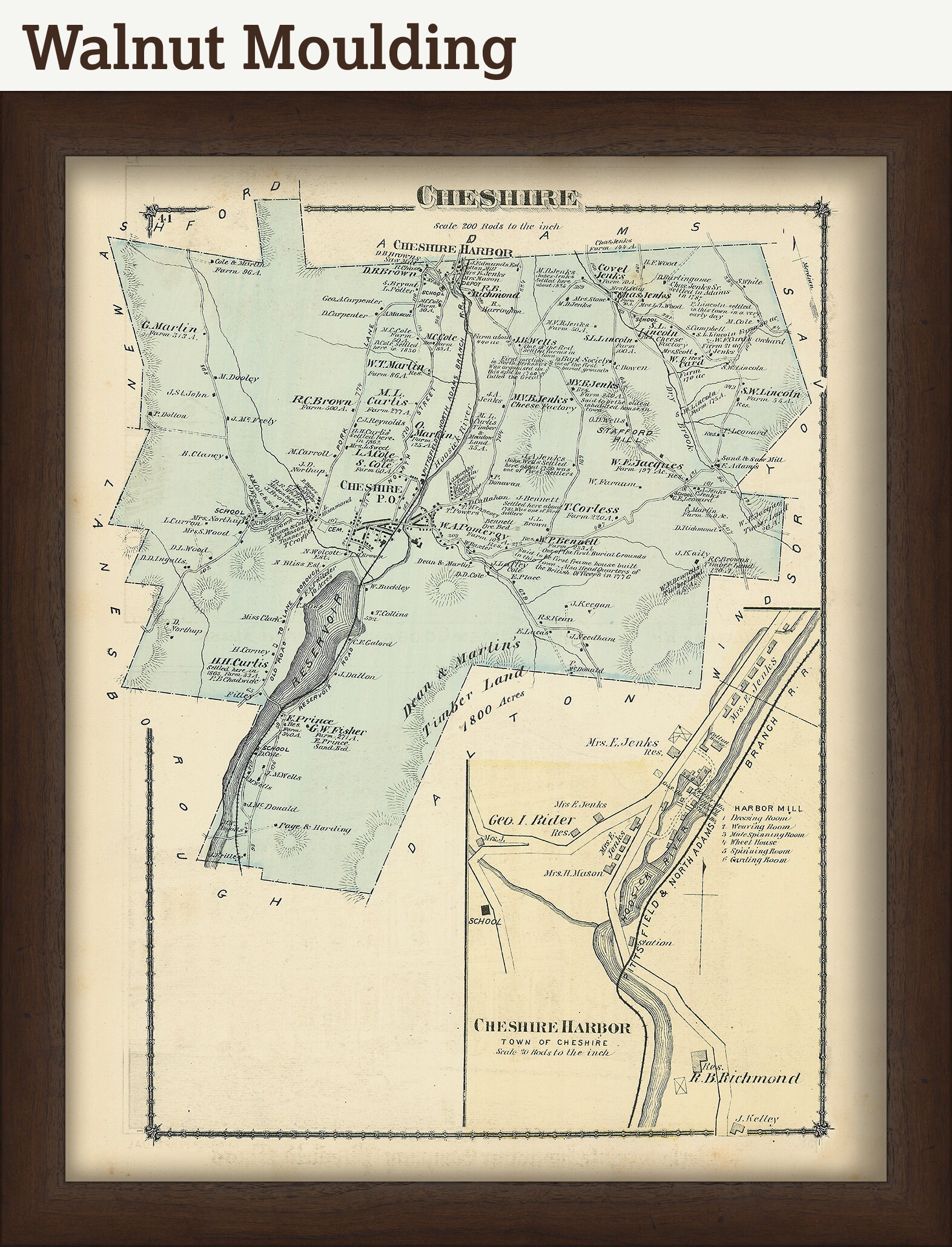 Town Of Cheshire Massachusetts 1876 Map Colored Reproduction