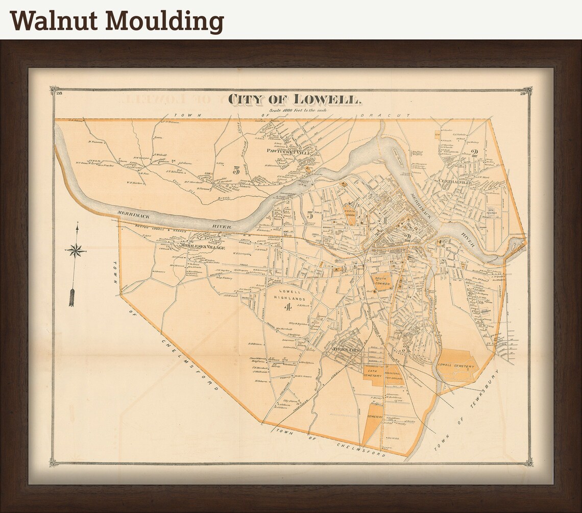 City of LOWELL Massachusetts 1875 Map Replica or Genuine - Etsy