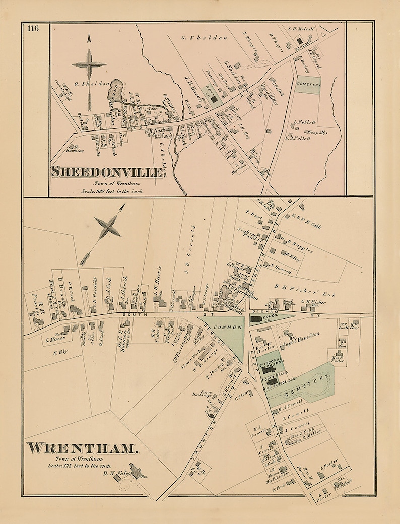 Village of WRENTHAM Massachusetts 1876 Map Replica or | Etsy