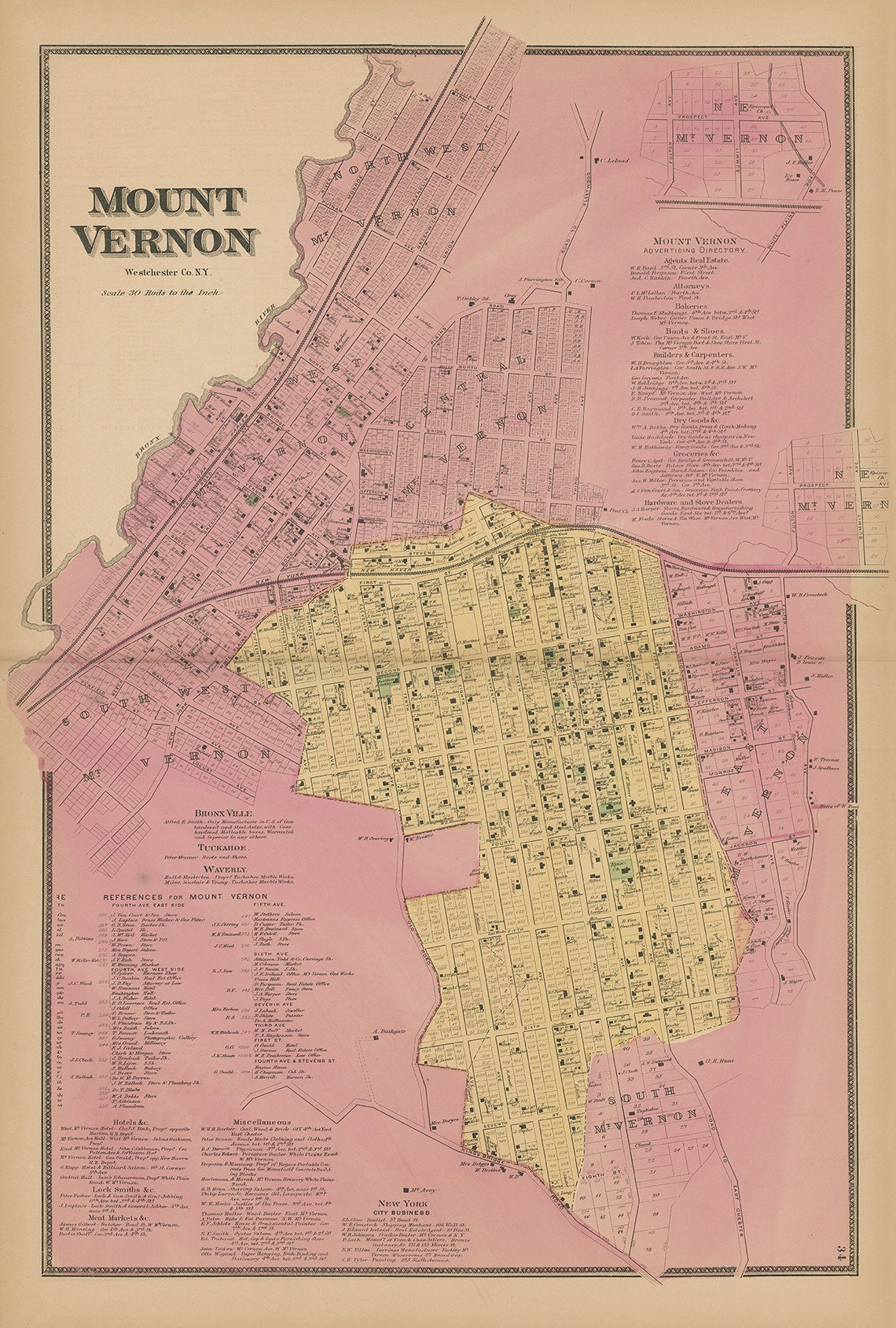 Town of MOUNT VERNON New York 1868 Map | Etsy