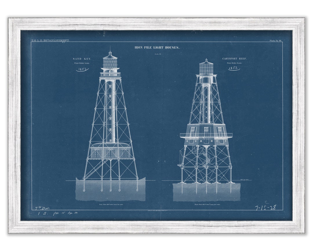 IRON PILE LIGHTHOUSES at Caryfort Reef and Sand Key, Florida - Blueprint Drawing and Plan of the ...