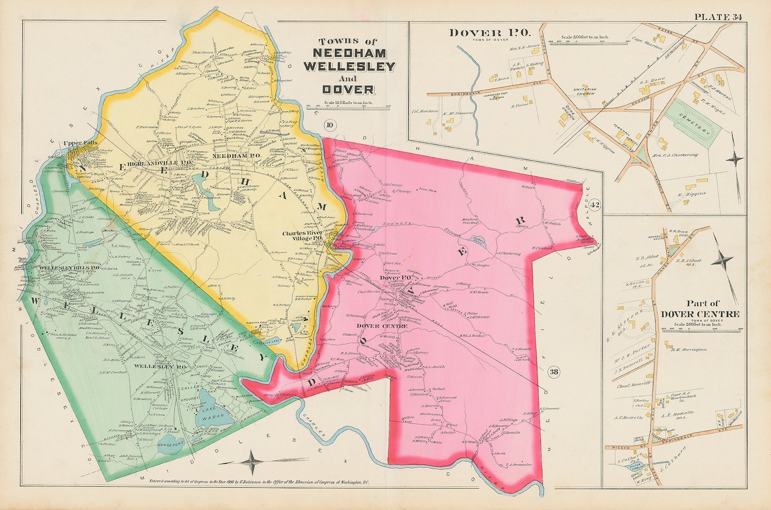 Towns of WELLESLEY NEEDHAM and DOVER Massachusetts 1888 Map | Etsy