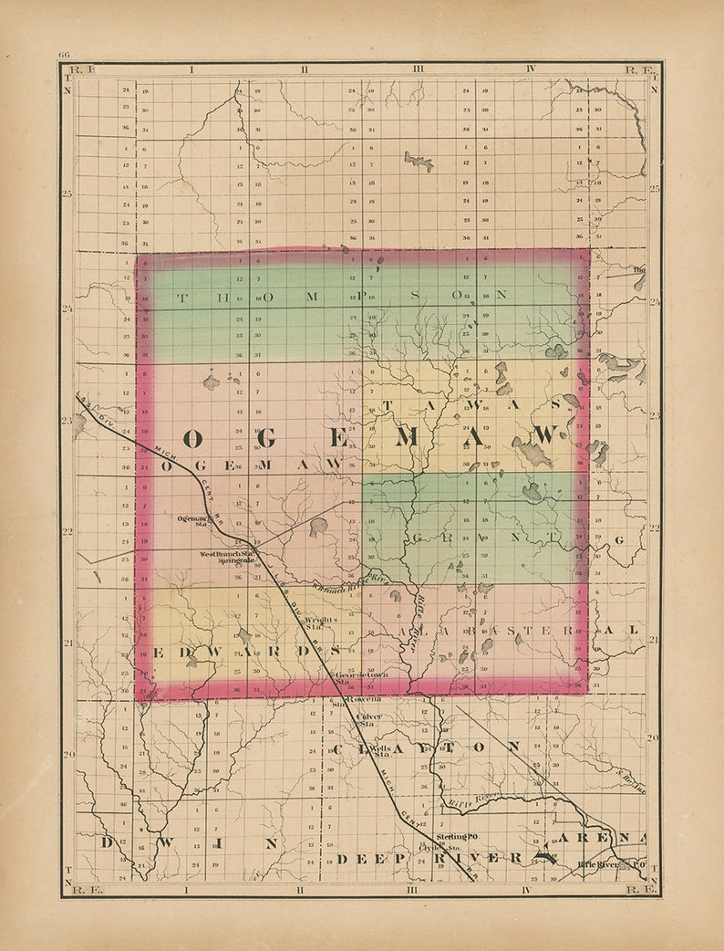 OGEMAW COUNTY, Michigan 1873 Map - Replica or Genuine Original - Etsy
