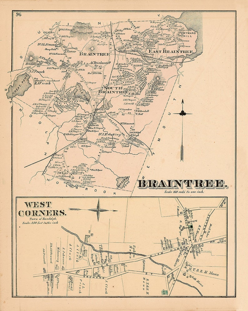 Town of BRAINTREE Massachusetts 1876 Map Replica or GENUINE | Etsy
