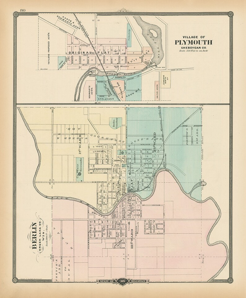 PLYMOUTH and BERLIN Wisconsin 1878 Map Replica or Genuine - Etsy