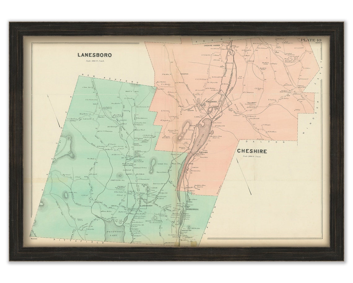 LANESBORO and CHESHIRE Massachusetts 1904 Map Replica or | Etsy