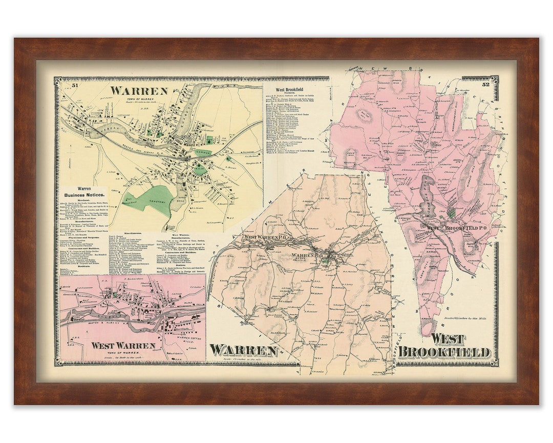 Towns of WARREN and WEST BROOKFIELD, Massachusetts 1870 Map - Etsy