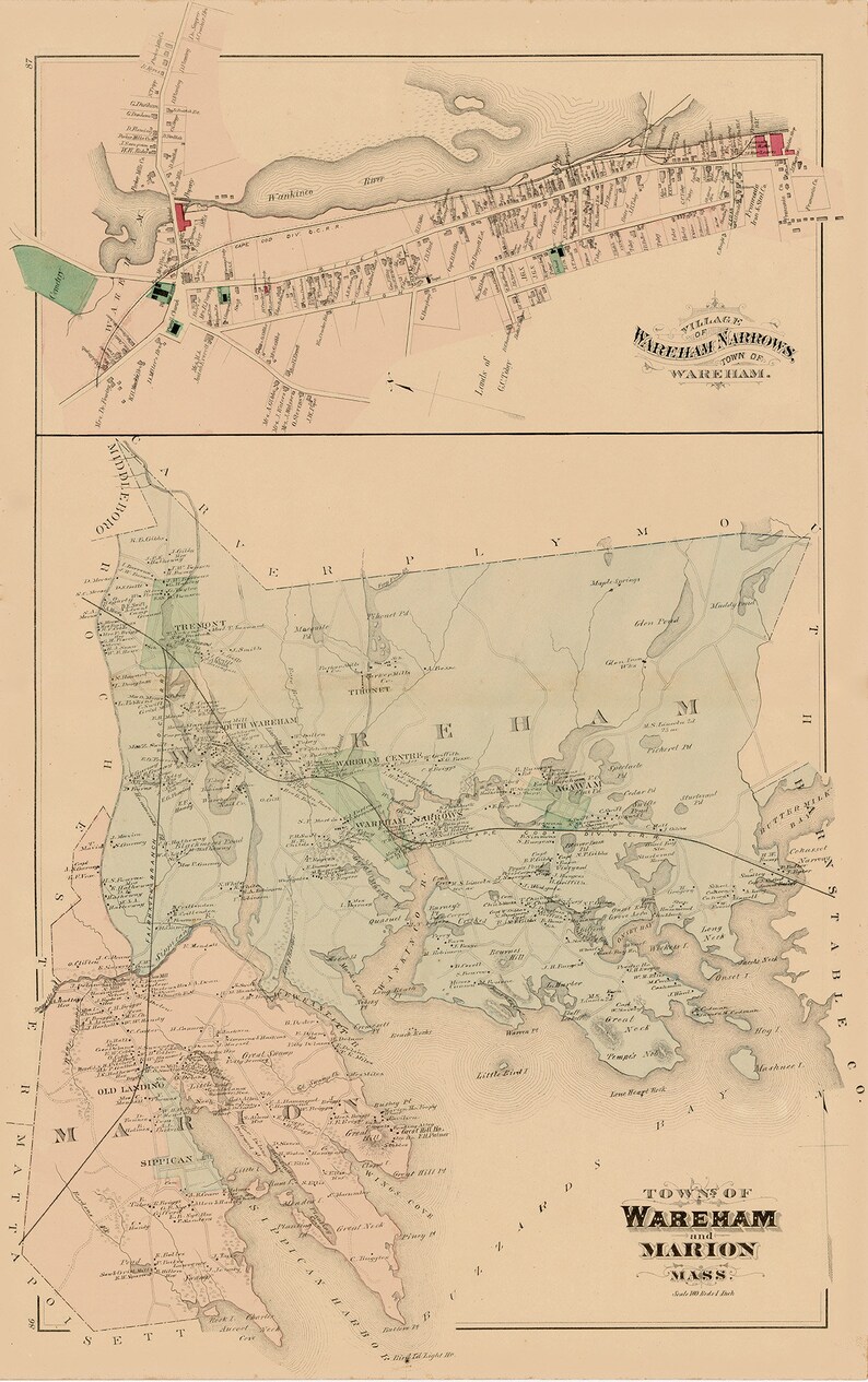 MARION and WAREHAM, Massachusetts 1879 Map - Replica or Genuine ...