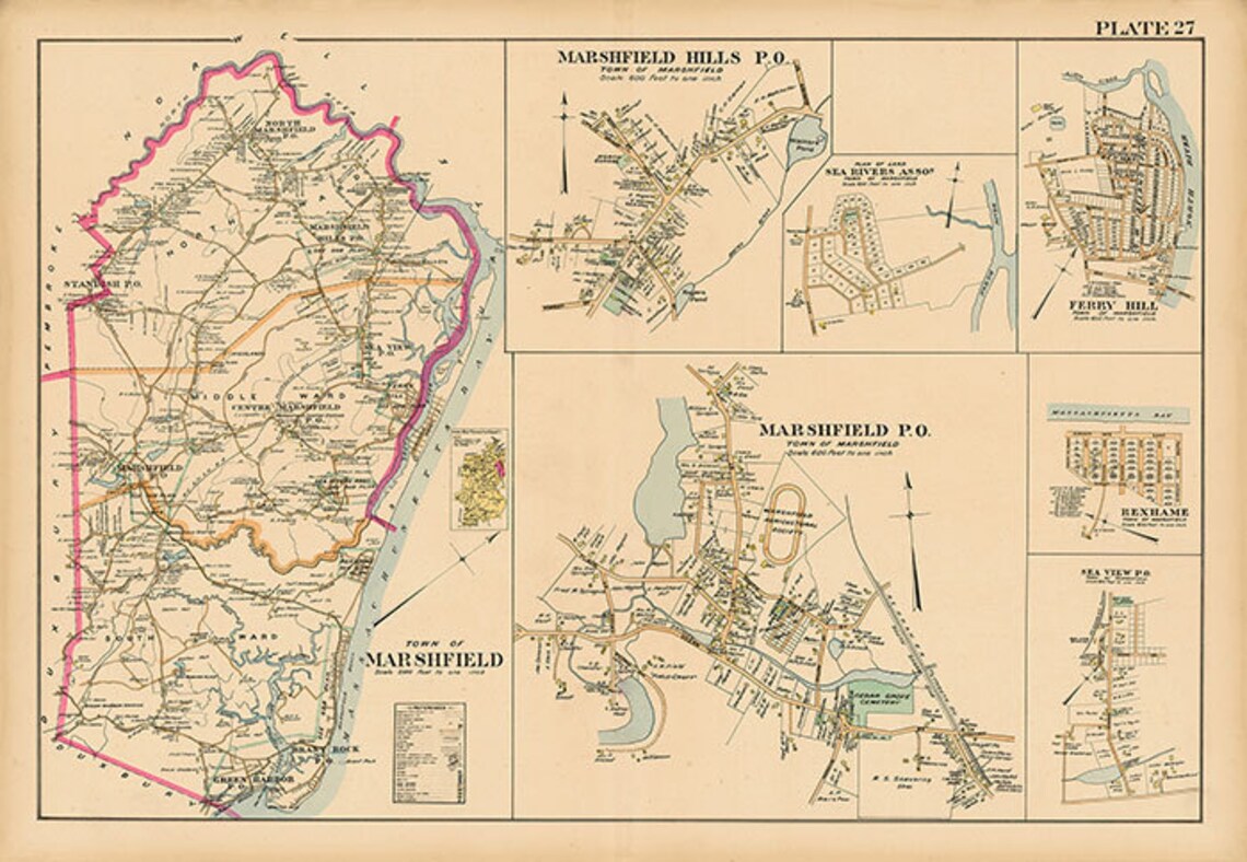 MARSHFIELD Town & Villages Massachusetts 1903 Map Colored - Etsy