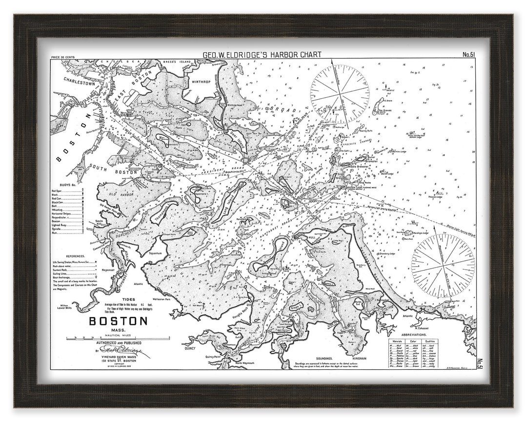 Boston Harbor, Massachusetts - Black + White - Nautical Chart by George ...