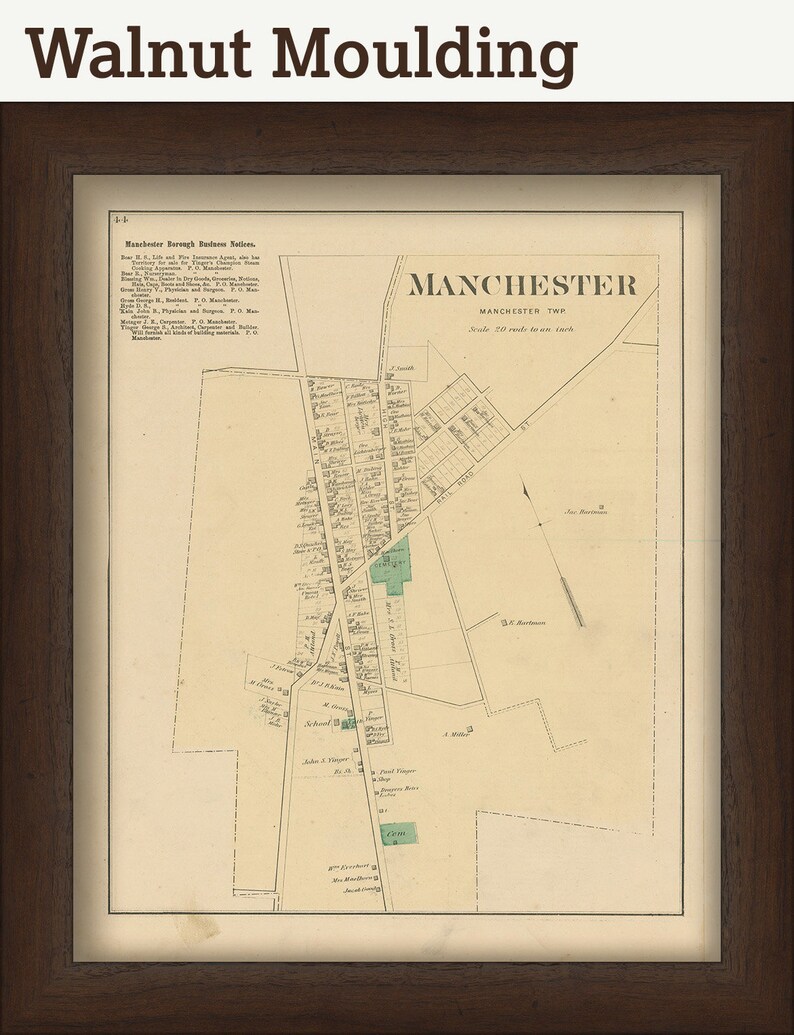 Village of MANCHESTER, Pennsylvania 1876 Map - Replica or Genuine ...