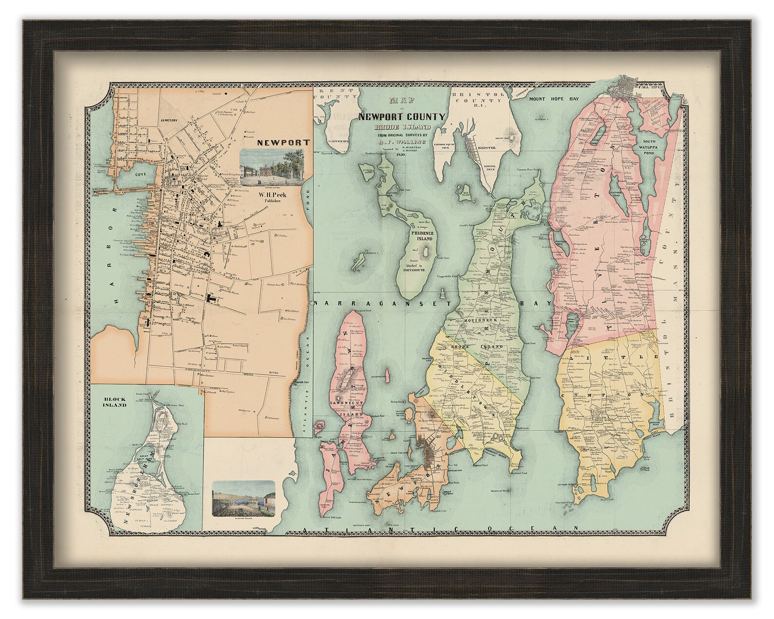 Map of Newport County, Rhode Island, H.F. Walling 1850 - Colored ...