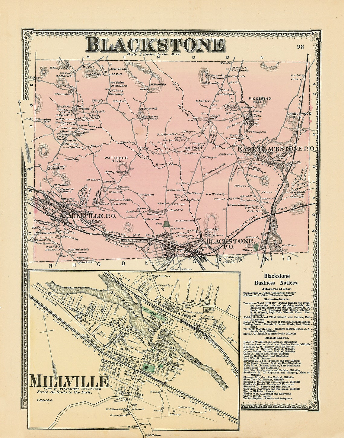 Town of BLACKSTONE, Massachusetts 1870 Map - Etsy