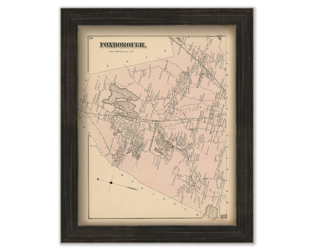Town of FOXBOROUGH, Massachusetts 1876 Map - Replica or GENUINE ...