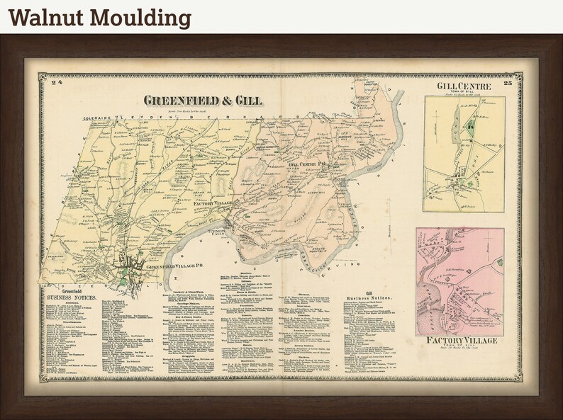 Towns of GREENFIELD and GILL, Massachusetts 1871 Map - Etsy