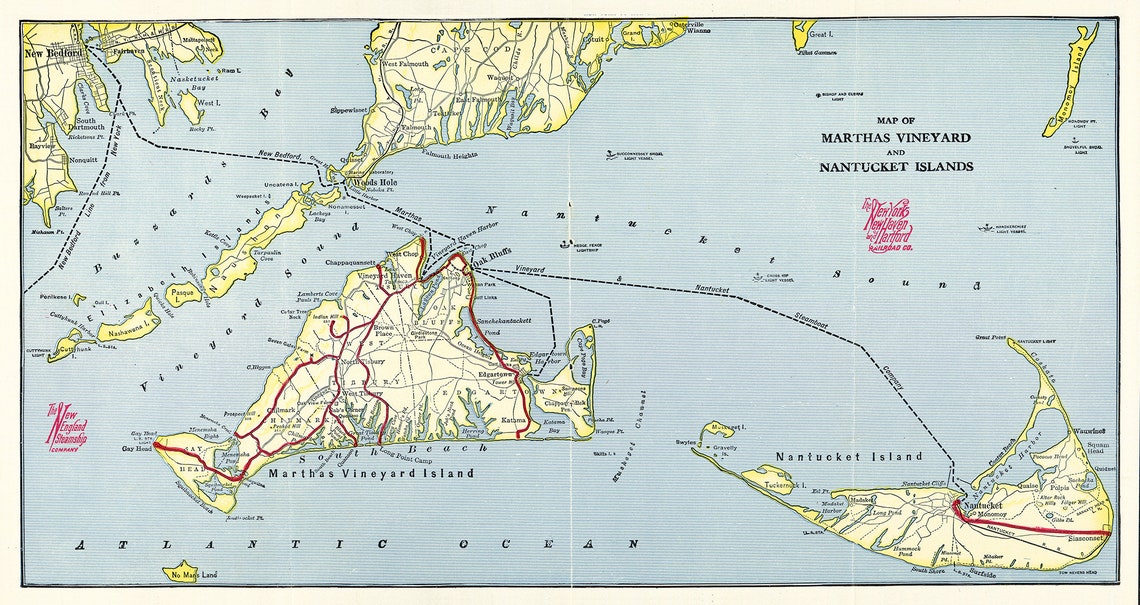 Martha's VINEYARD and NANTUCKET Ferry and Railroad Map - Etsy