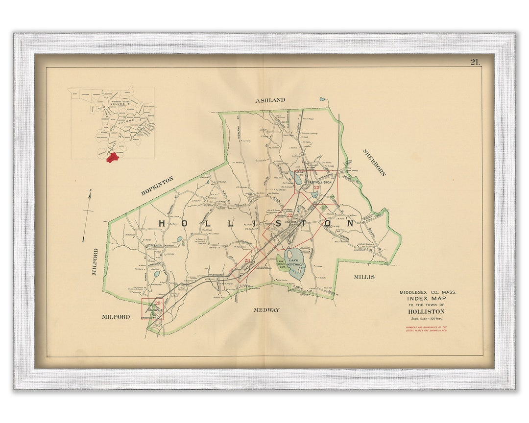 HOLLISTON, Massachusetts 1908 Map - Replica or GENUINE Original - Etsy