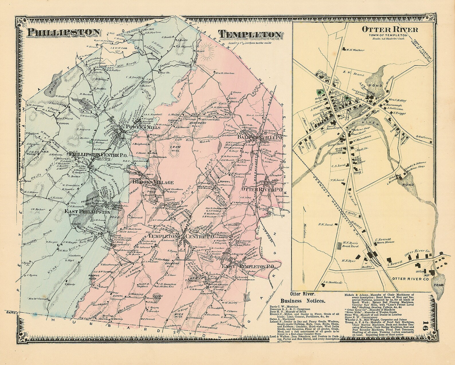 Towns of PHILLIPSTON and TEMPLETON Massachusetts 1870 Map - Etsy