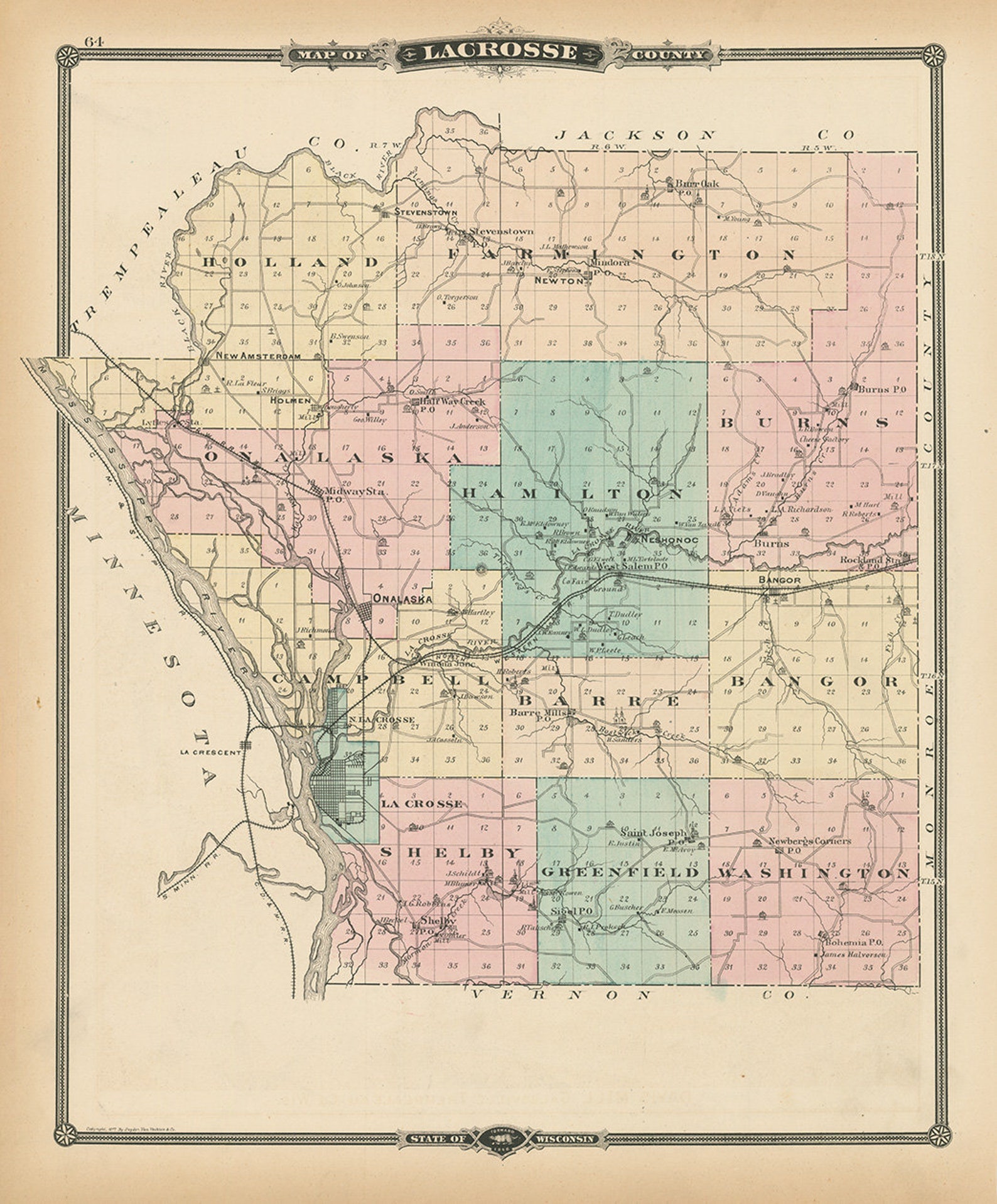 LACROSSE COUNTY Wisconsin 1878 Map Replica or Genuine - Etsy